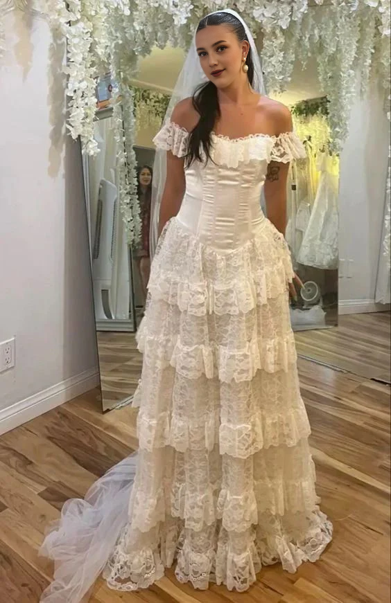 Wedding Dress Off The Shoulder A Line Lace Long Layered Personality Fo ...